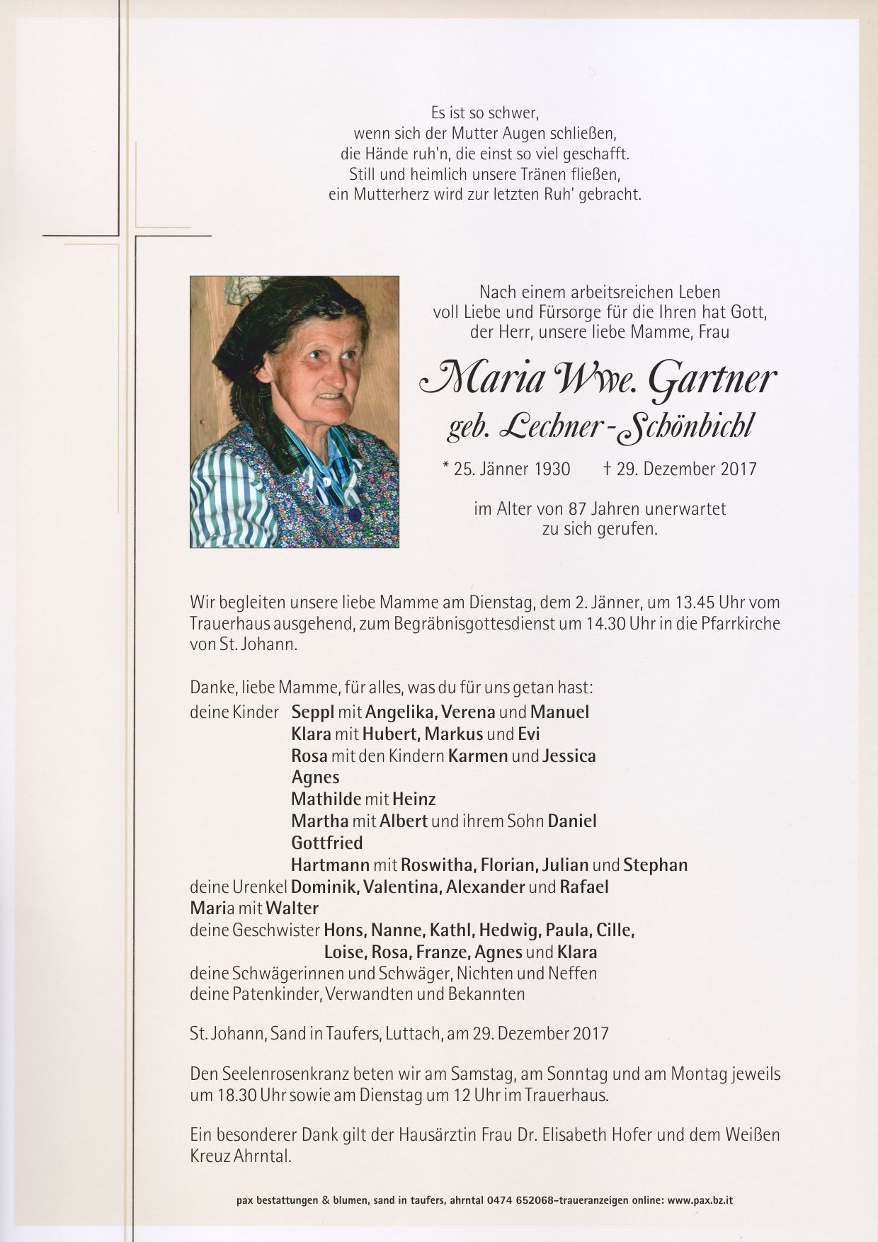 Maria Wwe. Gartner geb. Lechner - Schönbichl